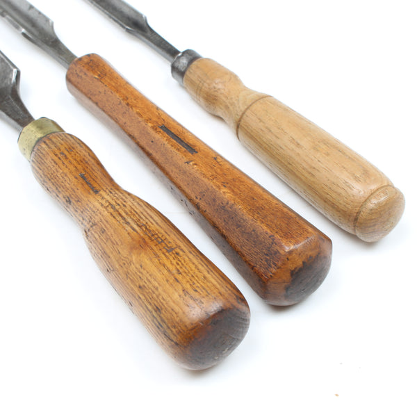 3x Old Outcannel Firmer Gouges (Ash, Beech) – OldTools.co.uk