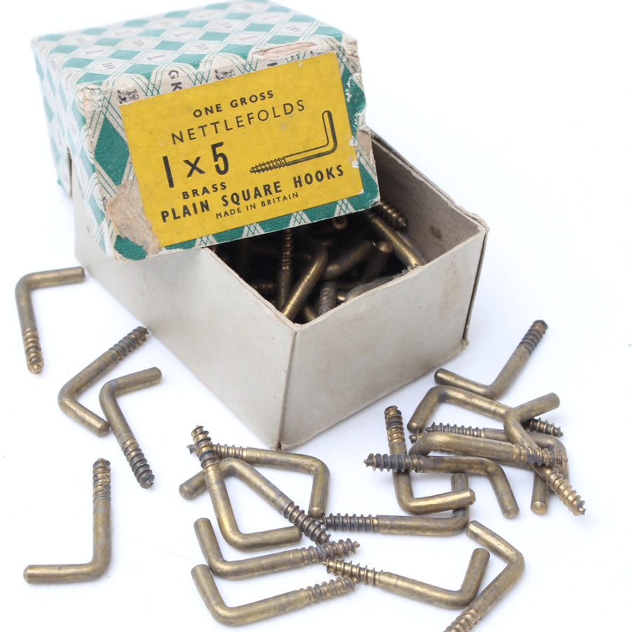 10 x Nettlefolds 1 x 5 Plain Square Brass Hooks – OldTools.co.uk